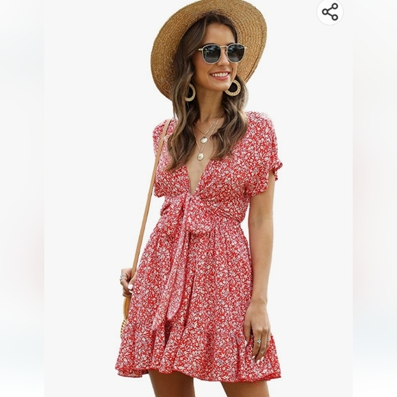 Dresses | Nwot Floral Print Plunging V Neckline Tie Font Dress | Poshmark